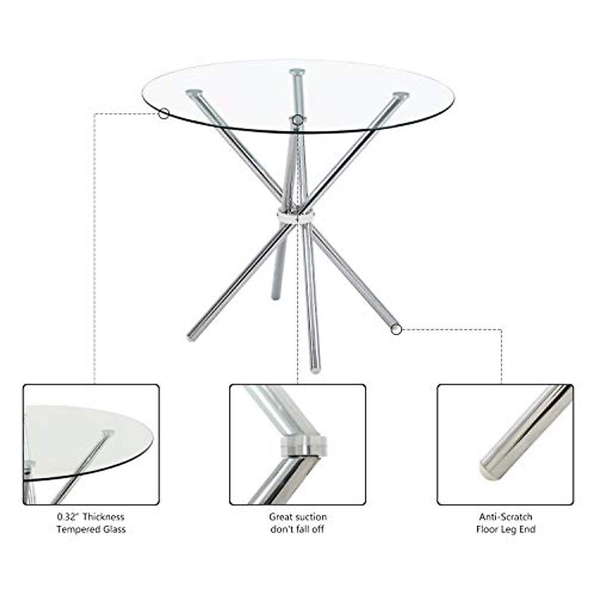 SICOTAS Glass Dining Table Round Kitchen Table with 4 Silver Chrome Legs,Modern Circle Dining Room Tables for 2 or 4,Small Dinner Table for Kitchen,Apartment, Small Spaces,35.4D x 29.5H,Clear