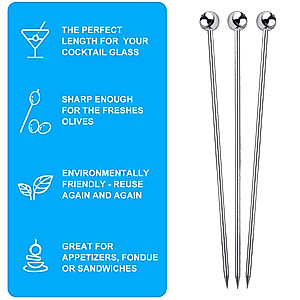 FATLODA 15PCS Cocktail Picks for Drinks, Stainless Steel Cocktail Toothpicks, Reusable Cocktail Skewers, Garnish Picks Bloody Mary Skewers, Metal Martini Picks for Olives Appetizers Fruit (4.3 Inch)