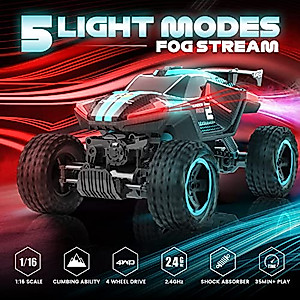 DEERC DE69 Remote Control Truck with Spray and Light, 5 LED Light Modes, Dual Motors Off Road RC Car, 4WD Rock Crawler, Spray Water Mist, 35+ Min Play, Toy Vehicle for Boys Girls and Adults