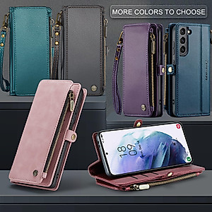 Defencase for Samsung Galaxy S21 Case, RFID Blocking for Galaxy S21 Case Wallet for Women Men with Card Holder, PU Leather Wrist Strap Zipper Pocket Magnetic Flip Phone Case for Samsung S21 5G, Purple