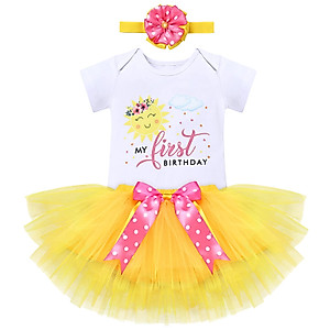 Newborn Infant 1st Birthday You Are My Sunshine Tutu Yellow One Year Party Princess Romper/Headband 3PCS Baptism Christening Dedication Clothes Set Formal Suit Dance Gown Floral-my 1st birthsay 1T
