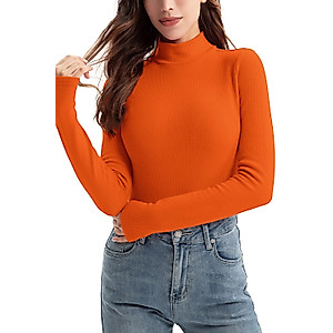 Zengjo Long Sleeve Mock Neck Tops for Women (Orange,L)