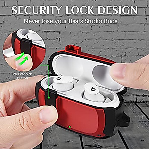 Case for New Beats Studio Buds 2021, Filoto Secure Lock Rugged Beats Studio Buds Hard Shell Protective Wireless Charging Case Cover Earbuds Accessories with Keychain for Men Women (Red)