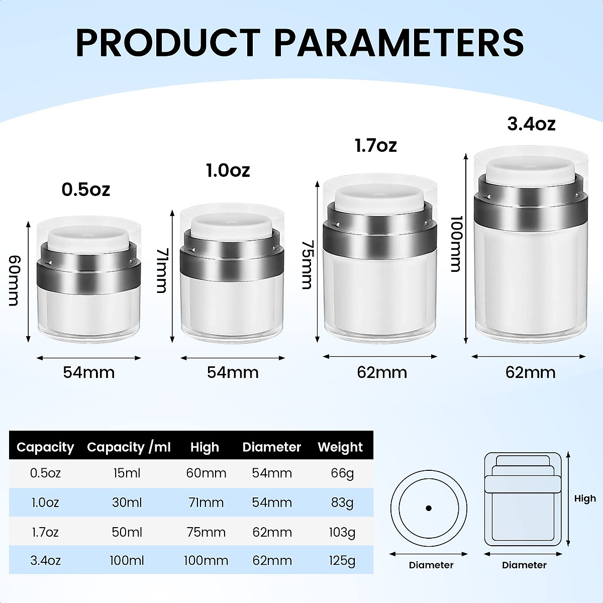 BOZILY Airless Pump Jar, Pump Jars for Lotions and Creams Refillable Cream Jar Vacuum Bottle Airless Cosmetic Pump Container (15+30+50+100ml)