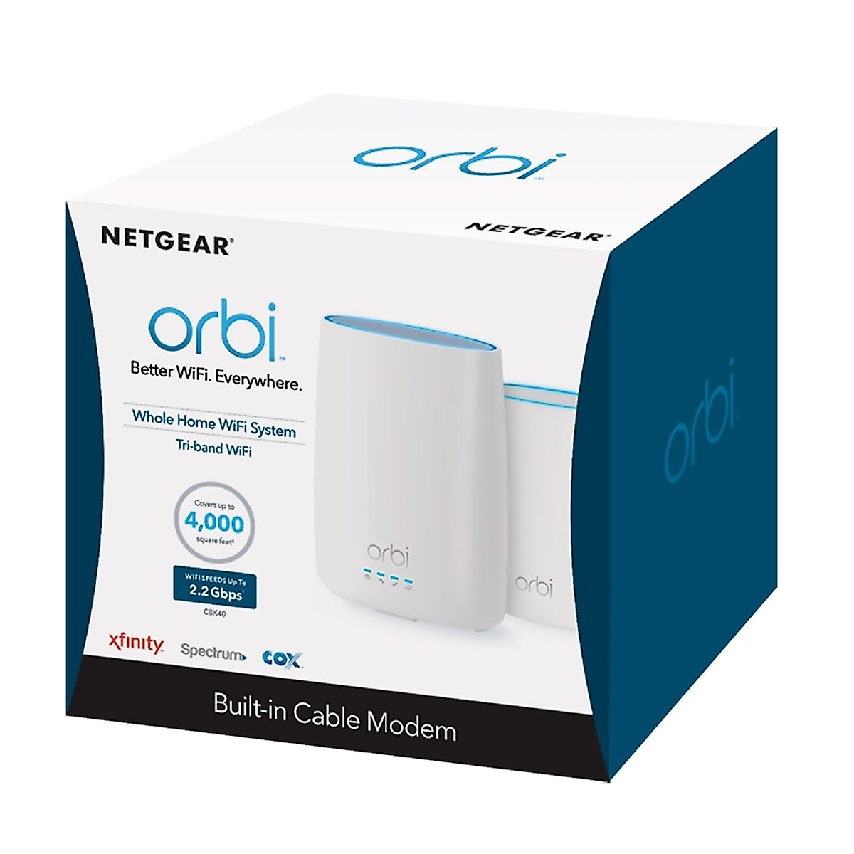NETGEAR Orbi Built-in-Modem Whole Home Mesh WiFi System with all-in-one cable modem and WiFi router and single satellite extender with speeds up to 2.2 Gbps over 4,000 sq. feet, AC2200 (CBK40)