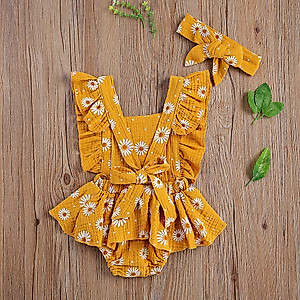 Yoawdats Infant Girls Clothes Baby Bodysuits Cotton Linen Rompers for Girls 2PCS Summer Outfits with Headband (Yellow, 0-6 Months)