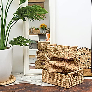 Large Water Hyacinth And Seagrass Basket Storage Wicker Basket Rectangular with Wooden Handles for Shelves