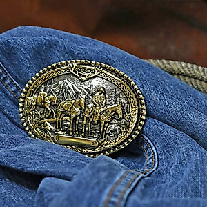 Montana Silversmiths Southwest Collection Attitude Western Belt Buckle (Pack Horses and Rider Two Tone silver/gold)