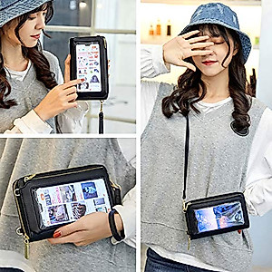 Small Touch Screen Phone Bag for Women, Zipper Crossbody Purse Leather Shoulder Bag RFID Blocking Wallet Handbag(T-Black)