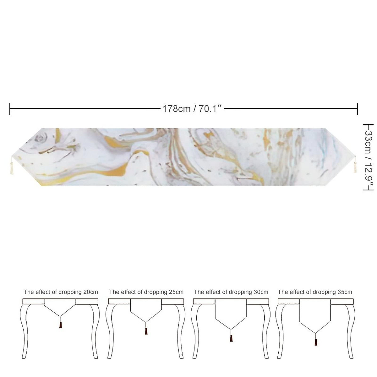 White Gold Flowing Marble Table Runner Spring Summer Table Runners Dresser Scarf for Home Party Holiday Kitchen Dining Table Decor 70x13 INCH