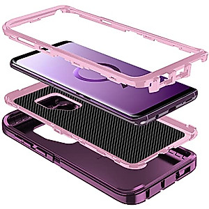 Mieziba for Galaxy S9 Case, Heavy Duty Shockproof Dust/Drop Proof 3 Layer Full Body Protection Rugged Durable Cover Case for Galaxy S9, Purple/Pink