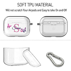 Custom Name & Initial Crystal Clear Airpods Case for Apple AirPod Pro and 3rd Generation，Thin Shockproof Protective Customized Transparent Case（Purple Butterfly）