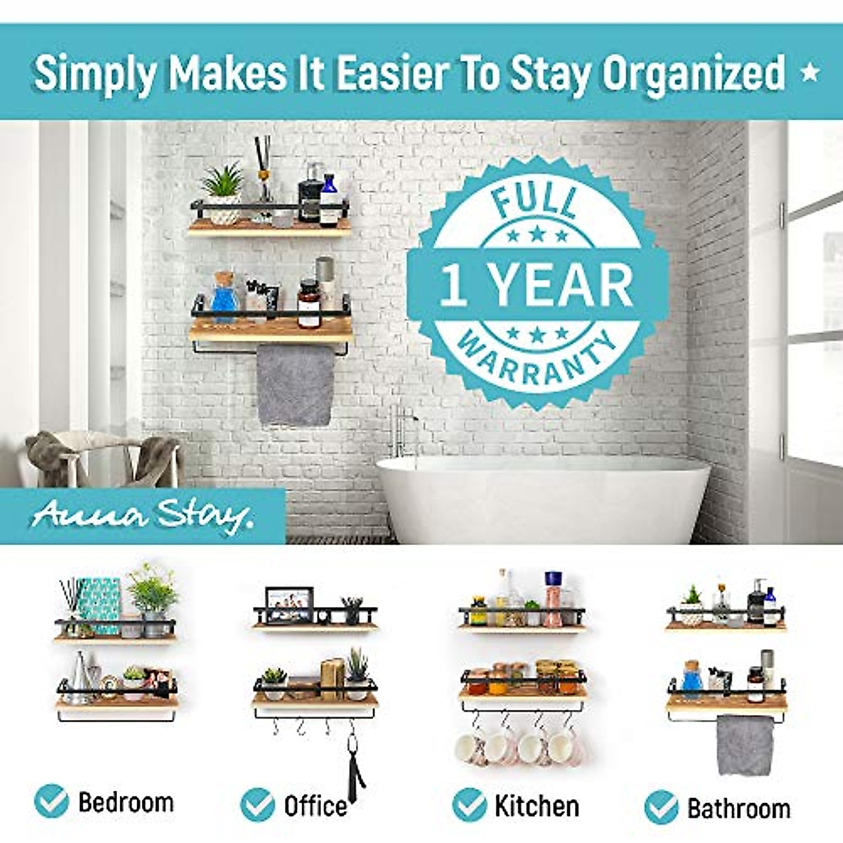 TRIVETRUNNER -ANNA STAY Floating Shelves Wall Mounted for Bathroom and Storage Shelves for Kitchen Set of 2, with Towel Bar, Cotton Towel Included (Light Brown)