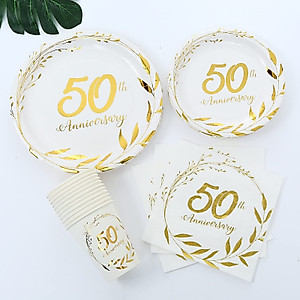 MaitianGuyou 50th Anniversary Decorations Tableware Set,Wedding Party Supplies Golden Paper Plates Cups Napkins Fifty Anniversary Party Decorations 50th Brithday Party Decorations-Serves 16