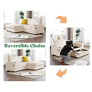 VanAcc 89 Inch Convertible Couch, L Shape Couch with USB Charging Port & Cup Holders- L Shape Sofa with Storage Chaise, Comfy Sofa for Living Room (Beige Corduroy)