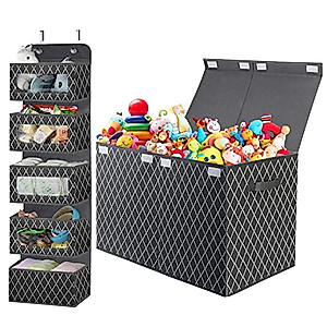 VERONLY Over The Door Hanging Organizer with 5 Large Pockets 1Pack+1Pack Toy Chest Box Organizer Bins for Boys Girls for Nursery,Playroom,Bedroom Toys