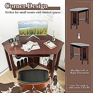 Tangkula Corner Desk with Keyboard Tray, Triangle Corner Computer Desk for Small Space, Bedroom Corner Makeup Vanity Desk with Storage Shelves, Space Saving Corner Writing Desk