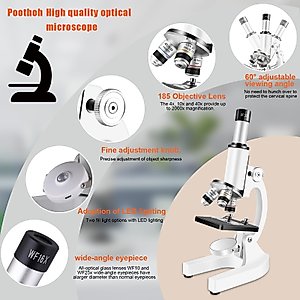 Poothoh Microscope for Adults Kids 40-2000X Magnification Compound Microscope with Microscope Slides Fill Light,Suitable for Children Students Home School Laboratory Microscope kit