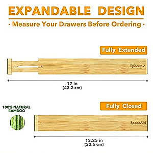 SpaceAid Bamboo Drawer Dividers with Labels, Kitchen Adjustable Drawer Organizers, Expandable Organization for Home, Office, Dressers and Bathroom, 6 Dividers (13.25-17 in)