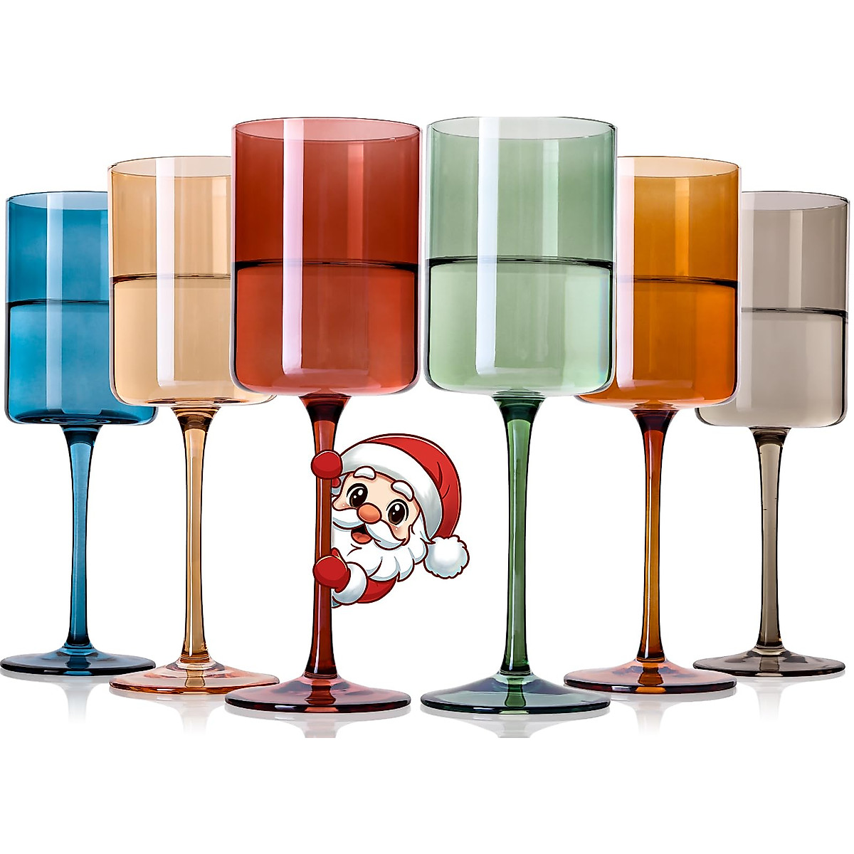 Colored Wine Glasses Set 6-14oz Multi Colored Square Wine Glasses with Tall Long Stems, Hand Blown Crystal Colorful Wine Glasses, Unique Wine Glasses for Christmas Thanksgiving