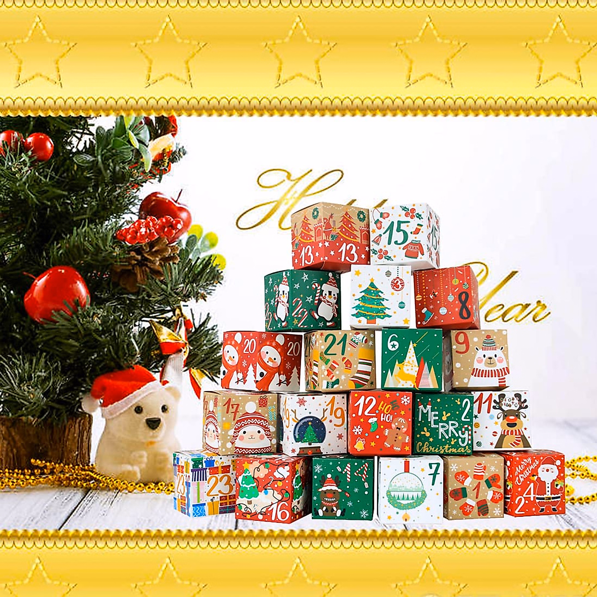 24 Pcs DIY Christmas Advent Calendar Boxes, 24 Days Advent Countdown Gift Boxes, Christmas Cardboard Number Boxes for Kids and Family, Xmas Holiday Decoration.