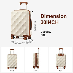 Somago 20 inch Carry On Luggage with Weekender Overnight Bag ABS Hardside Spinner Suitcase Built-In TSA Lock YKK Zipper，Beige