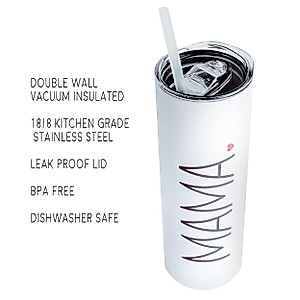 MAMA Tumbler with Lid & Straw - 18/8 Stainless Steel, Double Wall Vacuum Insulated - Travel Thermal Bottle for Coffee, Water, Juice, Wine - Ideal Gift for Mother's Day, Mom's Birthday, New Mom - 20oz