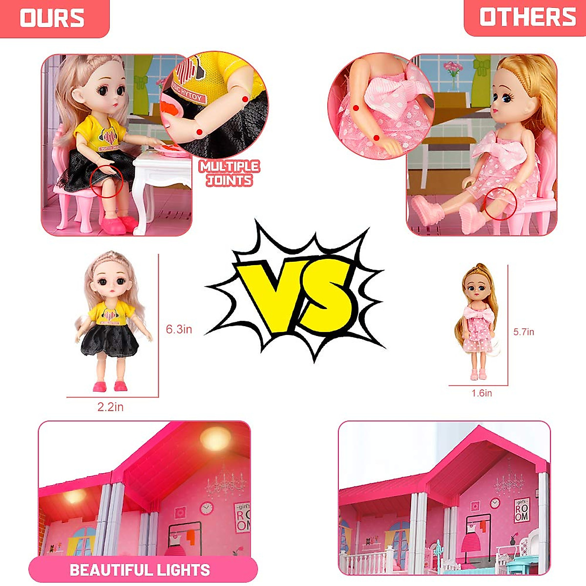 Elf Lab Dollhouse Building Toys, Princess Doll House, Playset with Lights, Furniture, Accessories and Dolls, Cottage Pretend Doll House Set, Creative Present for Girls Toddlers (4 Rooms)