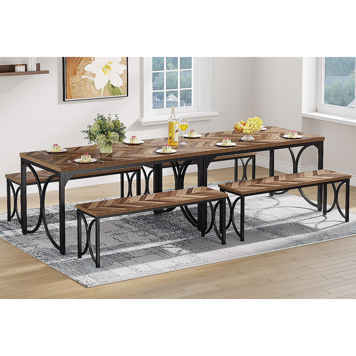 47" Kitchen Dining Table with Bench, Wood Dining Room Table with Benches for 4, Small Dining Table with 2 Benches, 3 Piece Rectangular Dining Table Set for Small Space