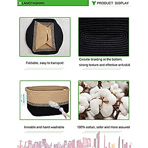 LANGYASHAN Rectangular Woven Rope Basket Decorative Blanket Basket for Living Room Storage or Nursery Laundry Hamper Basket with Handles Laundry Basket (Black Invisible Handle)