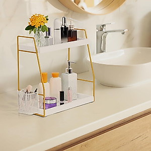 BYT Bathroom Organizer Countertop, 2-Tier Bathroom Organizer Tray for Counter with Basket, Vanity Organizer and Storage for Makeup Bedroom, Wood Spice Rack Organizer for Kitchen (Golden+White)