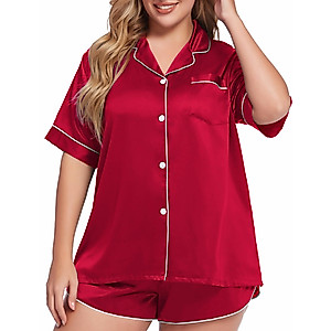 SWOMOG Womens Satin Plus Size Pajamas Silk Button Down Shorts Set Pajama Shorts 2Pcs Short Sleeve Pjs Sets Loungewear Red