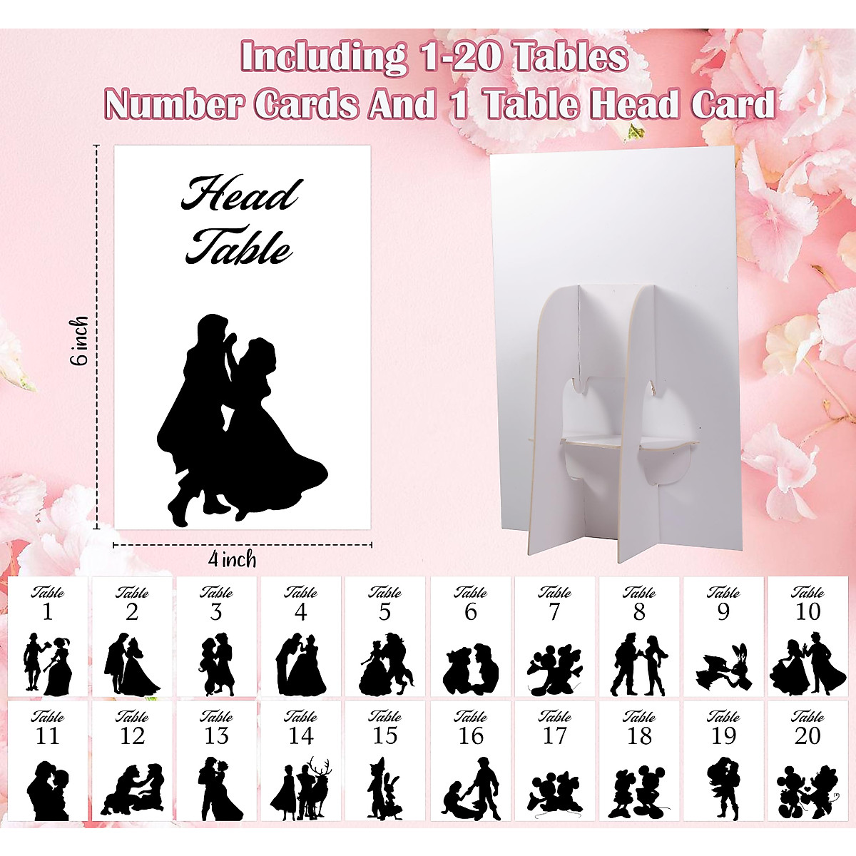 Cartoon Table Numbers 1-20 with Head Table Card & Stands Holders, Elegant 4 x 6 Inch Place Seating Sign for Baby Shower, Wedding Reception, Birthday Party Event Centerpiece Decorations