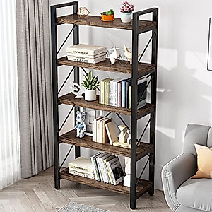 LZ-DONGMAN 5 Tier Bookshelf Rustic Solid Wood Industrial Style Bookcase,Metal and Real Wood Vintage Bookshelf,Book Shelves Home Office, Retro Brown,Dark Matching credenza(LZ01-05tier)