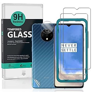 Ibywind Screen Protector For OnePlus 7T,with 2Pcs Tempered Glass,1Pc Camera Lens Protector,1Pc Backing Carbon Fiber Film [Fingerprint Reader,Easy to install]