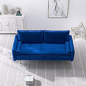 COULDWILL Velvet Small Sofa Mid-Century Modern Loveseat Couch with 2 Waist Pillows and Pockets, 71'' Comfy Sofa for Living Room and Studio, Blue