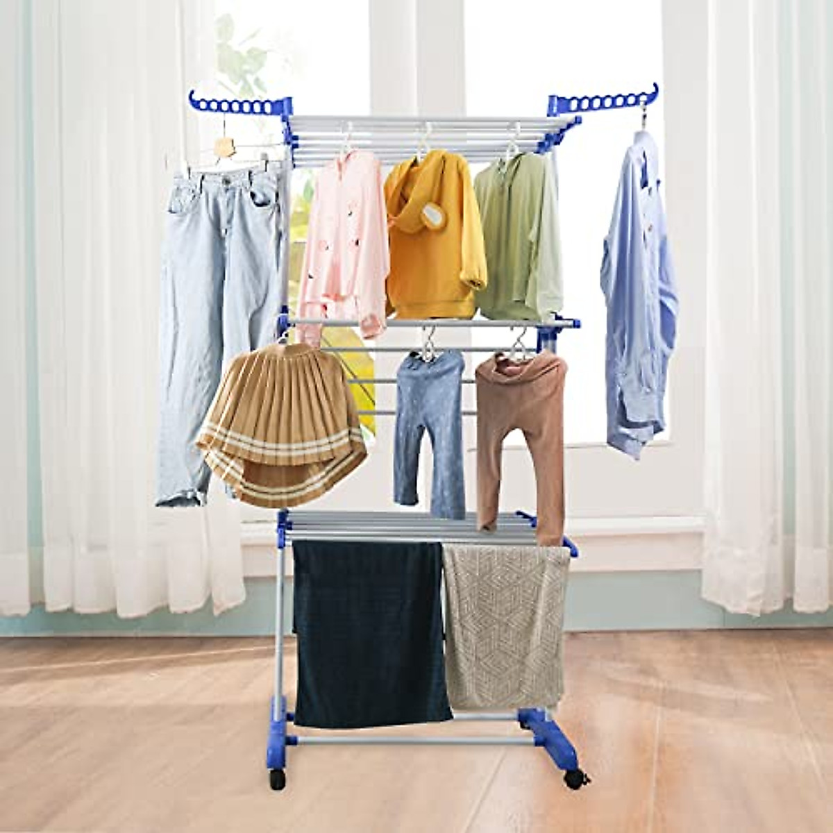 Foldable Clothes Drying Racks with Storage Shelves, Garment Rack with Rolling Free-Standing Clothing Rack Closet Organizer with Double Rods/Lockable Wheels & 2 Pairs Side Hooks (Blue)