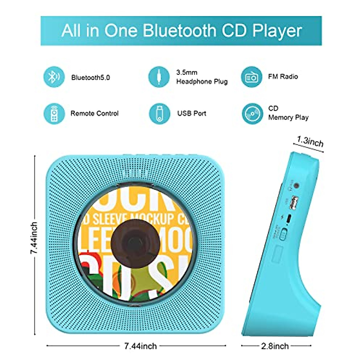 Weeuus CD Player Portable with Bluetooth,Desktop CD Player with Remote Control,Kids,Kpop,Dual Stereo Speaker,Dust Cover, FM Radio, LED Screen,3.5mm Jack AUX Input Output,Blue