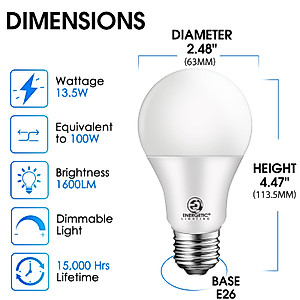 Energetic LED Bulbs 100 Watt Equivalent，Daylight 5000K A19 Dimmable Light Bulbs, 13.5W 1600lm CRI80+, 15000Hrs, UL Listed, 6-Pack