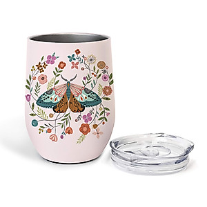 Studio Oh! Insulated Stainless Steel Stemless Glass Tumbler Floral Moth - 12-Ounce Double-Wall Construction with Full-Color Artwork & Spill-Resistant Drink-Through Lid