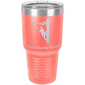 LaserGram 30oz Vacuum Insulated Tumbler Mug, Lineman, Personalized Engraving Included (Coral)