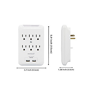 Multi-Function Wall Mount Outlet Adapter, Surge Protector Charging Station, OviiTech Dual 2.1AMP USB Charging Ports,6 AC Socket Outlet Splitter Plugs,White,ETL Certified