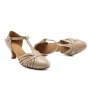 HROYL Women Ballroom Dance Shoes Closed Toe Latin Salsa T-strap Modern Tango Walts Character Shoes YCL259-6 Tan, 9 B(M) US