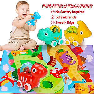 Dinosaur Cars Toys for 1 Year Old Boys Girls 4 Vehicle with Play Mat/Storage Bag Early Educational Infant Toys 6 9 Month Baby Toys 12-18 Month Birthday Gift for One Year Old Boy Toddler Toys Age 1-2