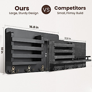 Nekon Mail Holder for Wall Mail Organizer with Key Hooks Hallway Farmhouse Decor Letter Sorter Made of Natural Pine with Floating Shelf and Flush Mount Hardware (16.8Inch x 10Inch x 3.2Inch) (Black)