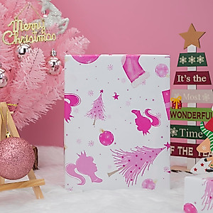 Vnaaem Pink Christmas Wrapping Paper for Girls Kids - Princess Christmas Tree Stocking Gift Design Cute Xmas Gift Wrap for Holiday Party Baby Shower Wedding Winter Birthday, 19.6 X 27.8Inch Per Sheet(6 Sheets)
