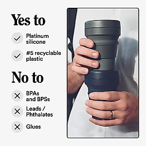 STOJO Collapsible Travel Cup With Straw - Carbon, 16oz / 470ml - Reusable To-Go Pocket Size Silicone Bottle for Hot and Cold Drinks - Perfect for Camping and Hiking - Microwave & Dishwasher Safe