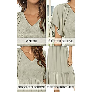 Zattcas Womens Short Flutter Sleeve V Neck Smocked Ruffle Midi Tiered Dress Light Sage S