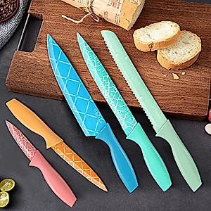 Knife Set, Kitchen Knife Set with Blade Guards, 5 Piece Colorful Knife Set, Stainless Steel Knives Set for Kitchen with Chef Knife, Santoku Knife, Slice Knife, Utility Knife, ​Paring Knife