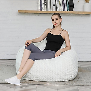 GVAPE 3ft Round Bean Bag Chair, White Casual Lazy Sofa, Filled with high Elastic Foam Sponge, Soft and Warm Artificial Fur, Single Fluffy Chair, Adult Entertainment for Bedroom and Living Room